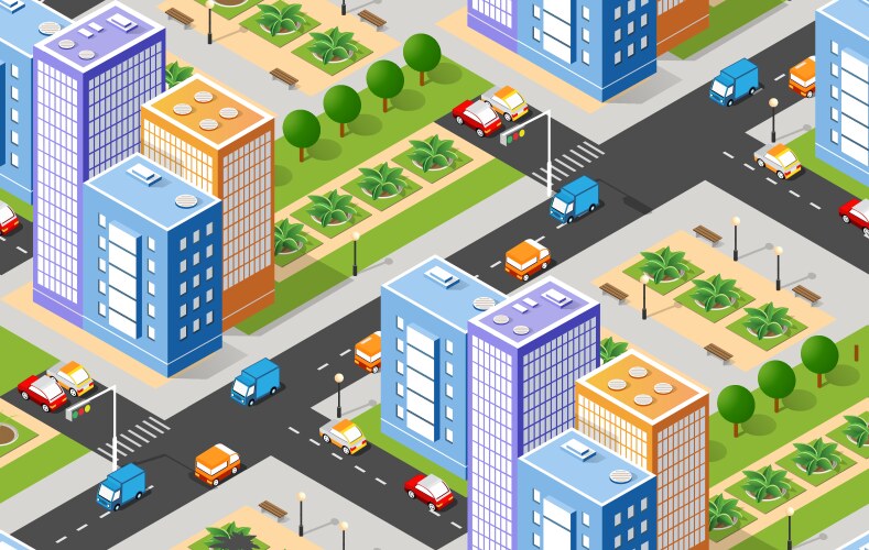 Isometric city cartoon town district Royalty Free Vector