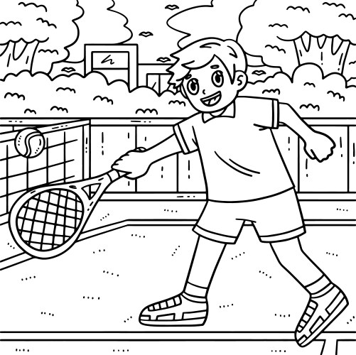 Tennis boy with racket coloring page Royalty Free Vector