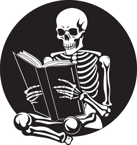 Skull and scrolls skeleton with book black logo Vector Image