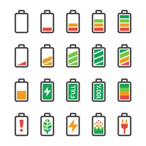 Battery icon set with colorful charge level Vector Image