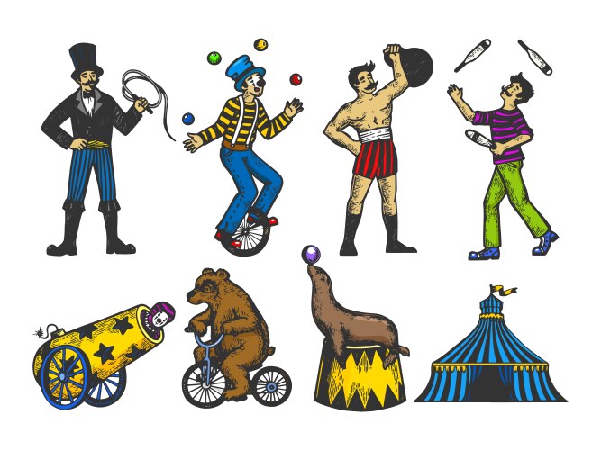 Retro circus performance set sketch Royalty Free Vector