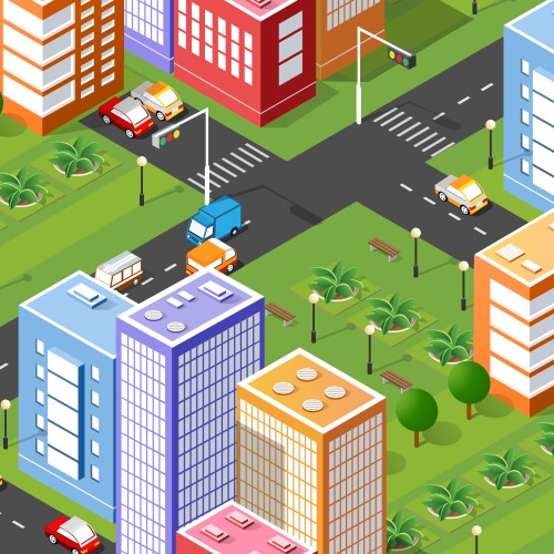 Isometric city cartoon town district Royalty Free Vector