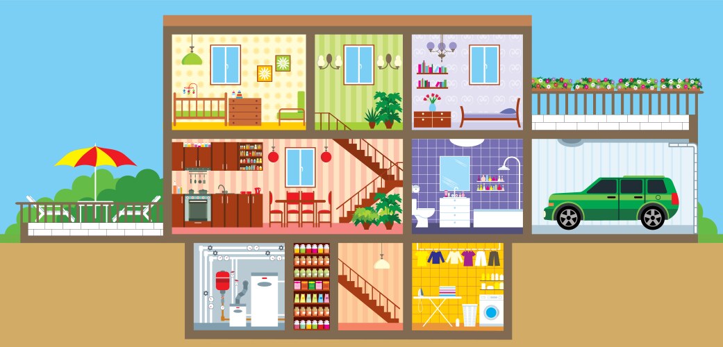 Room interiors in flat design cartoon house Vector Image