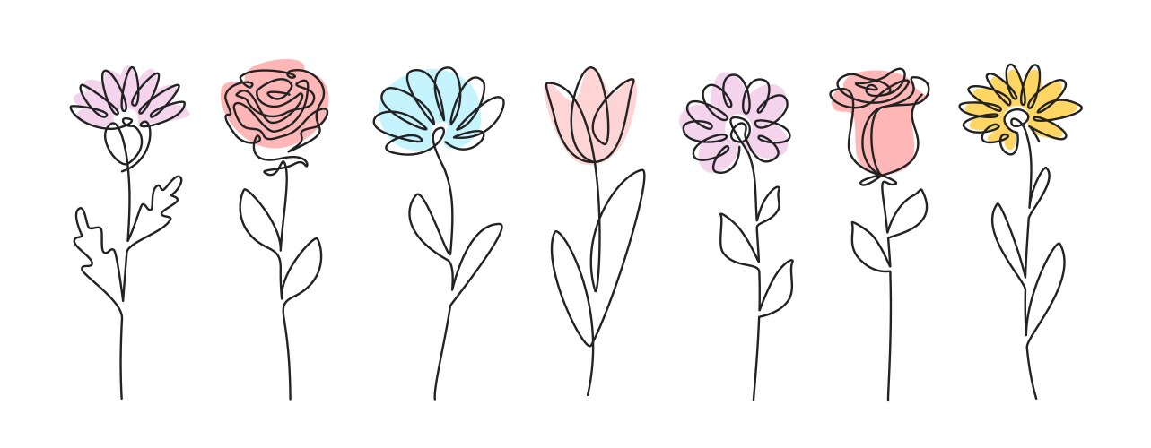 Flower set continuous outline style decoration Vector Image