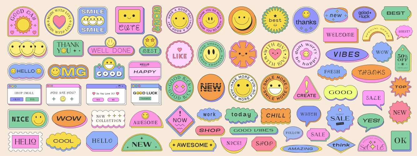 Cool groovy smile pop art stickers cute comic y2k Vector Image
