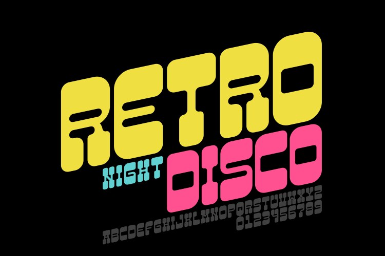 80s retro font disco style alphabet and numbers Vector Image