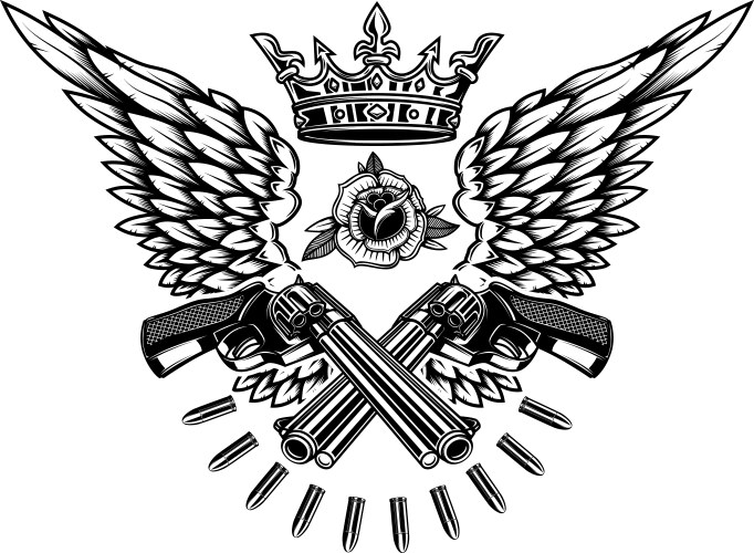 Two guns and wings with king crown design element Vector Image