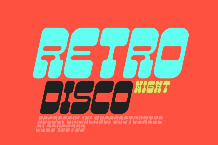 80s retro font disco style alphabet and numbers Vector Image