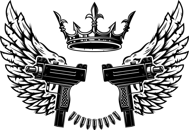 Two guns and wings with king crown design element Vector Image