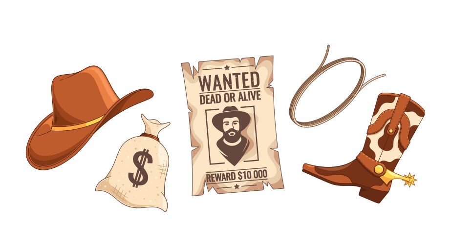 Wild west items featuring a cowboy hat boot gun Vector Image