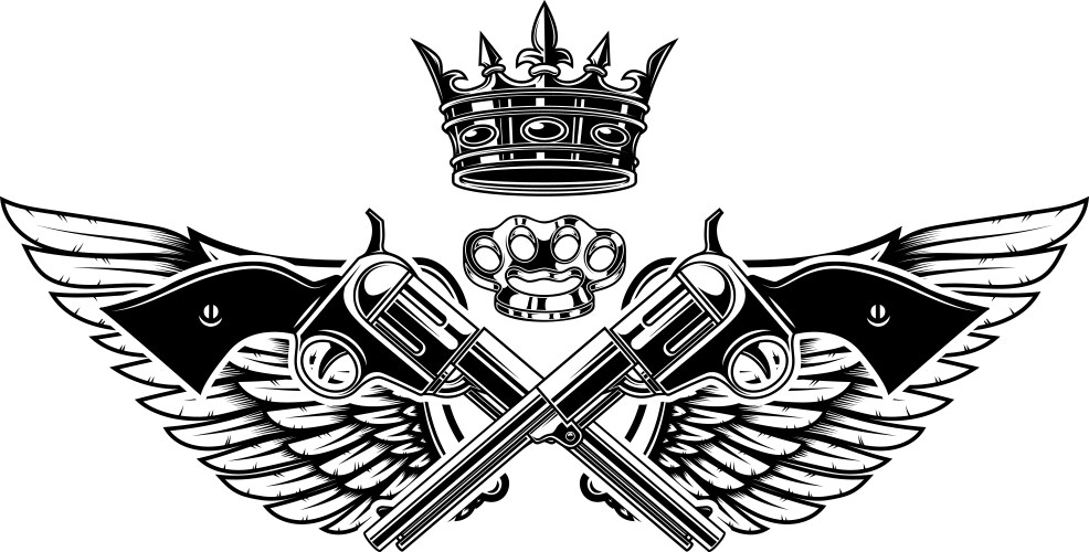 Two guns and wings with king crown design element Vector Image