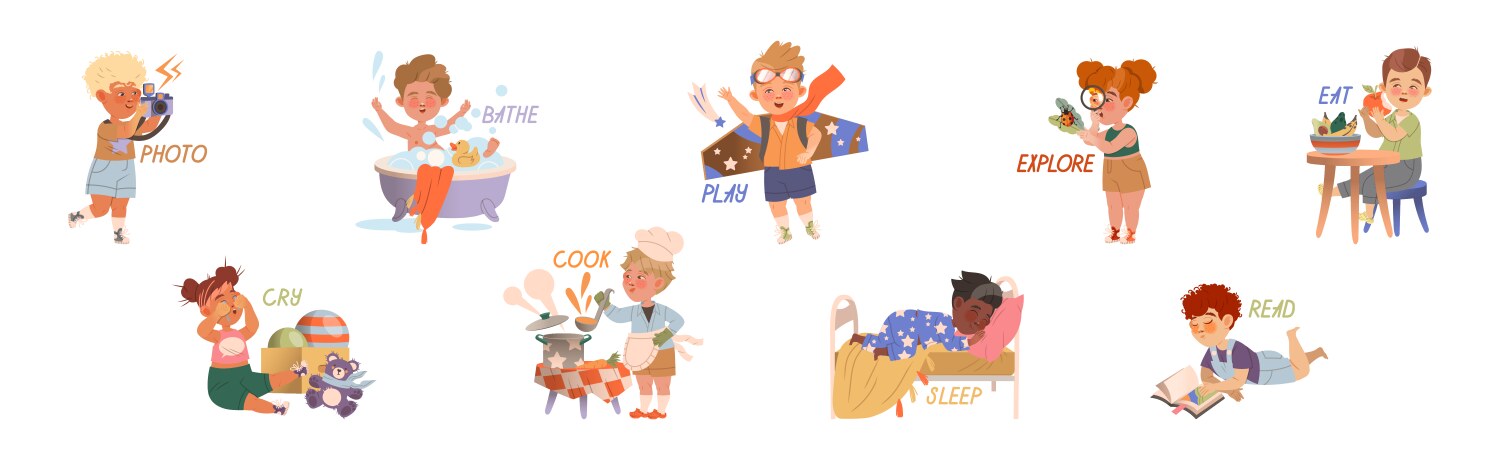 Kid character demonstrate action verb and word Vector Image