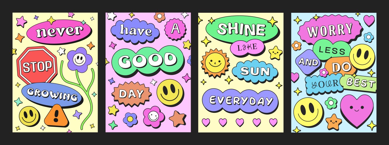 Cool groovy smile pop art posters collection set Vector Image