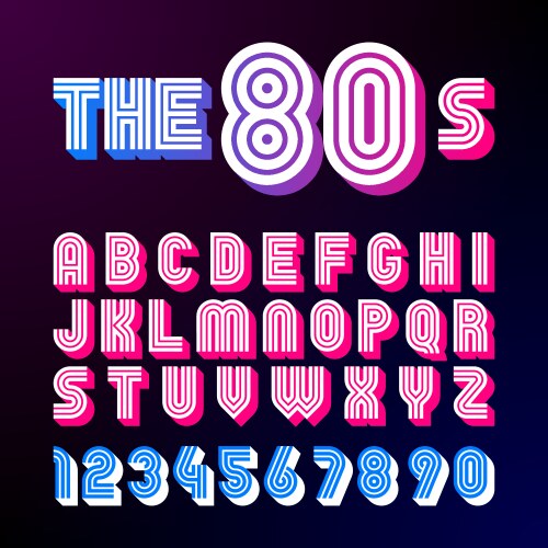 80s retro font disco style alphabet and numbers Vector Image