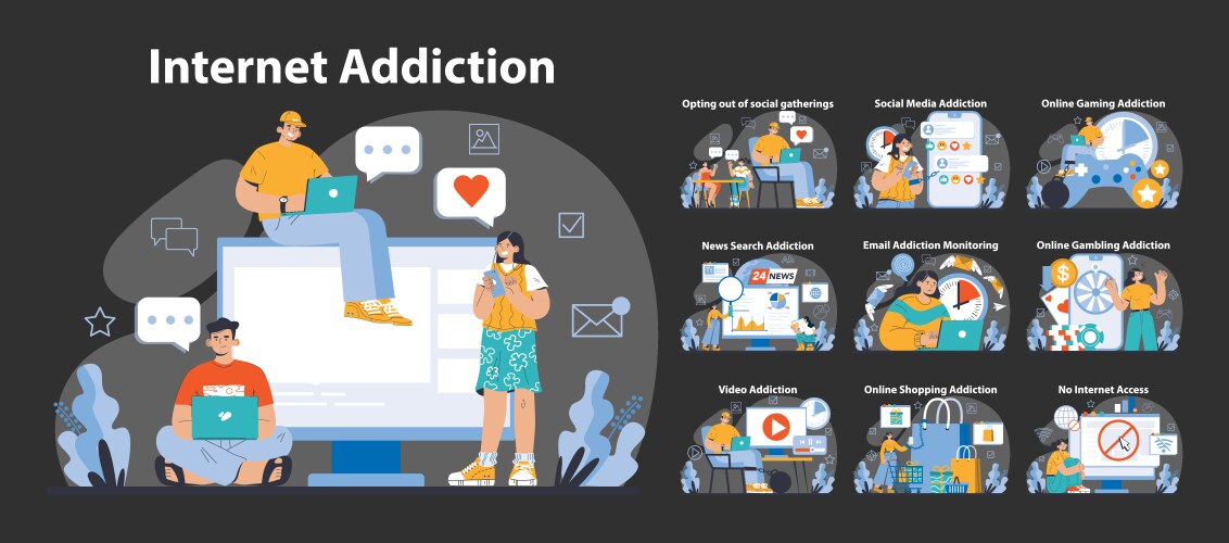 Internet addiction set flat Royalty Free Vector Image