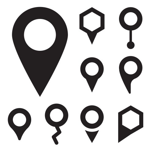 Map marker icon set in solid black and white color