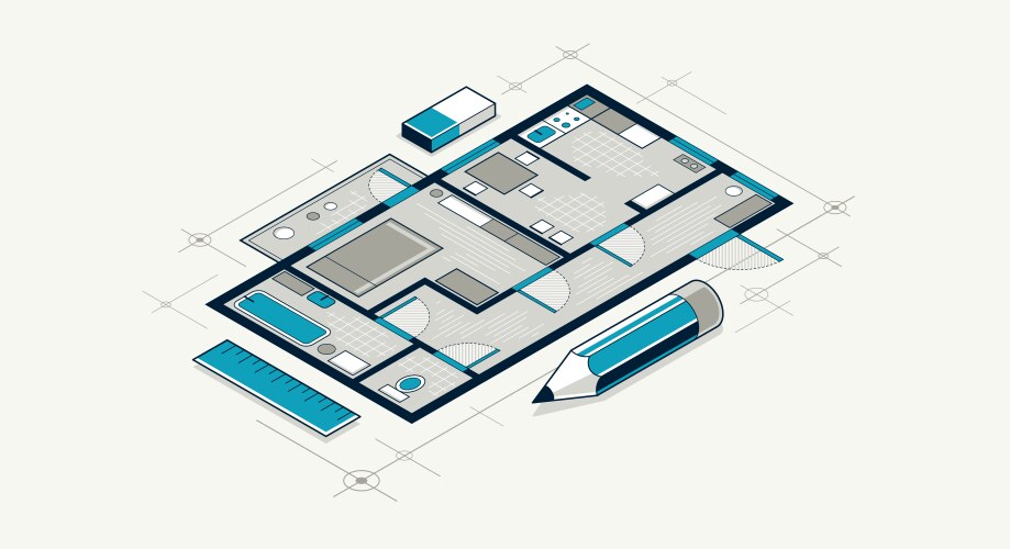 Flat plan drawing with pencil floorplan Royalty Free Vector