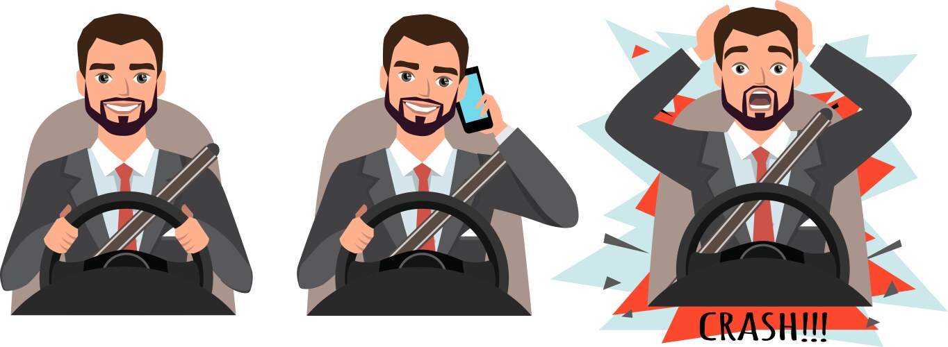 Man holding mobile phone while driving car crash Vector Image