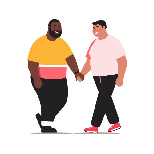 Two men holding hands walking together smiling Vector Image