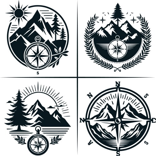 Compass with mountain scene silhouette file Vector Image
