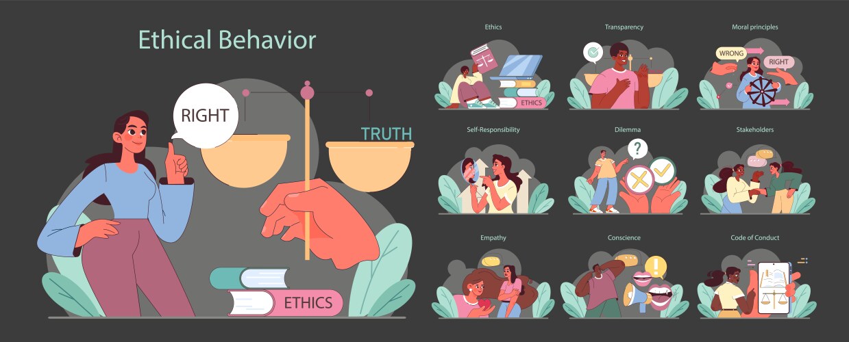 Ethical behavior set balancing truth Royalty Free Vector