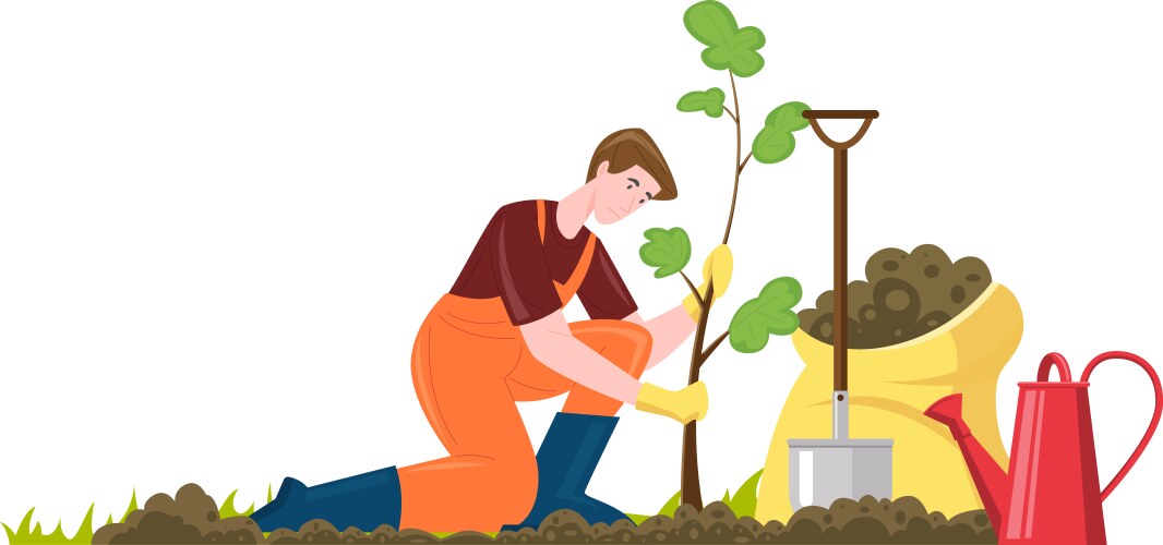 Gardener trimming green bush cartoon farmer Vector Image