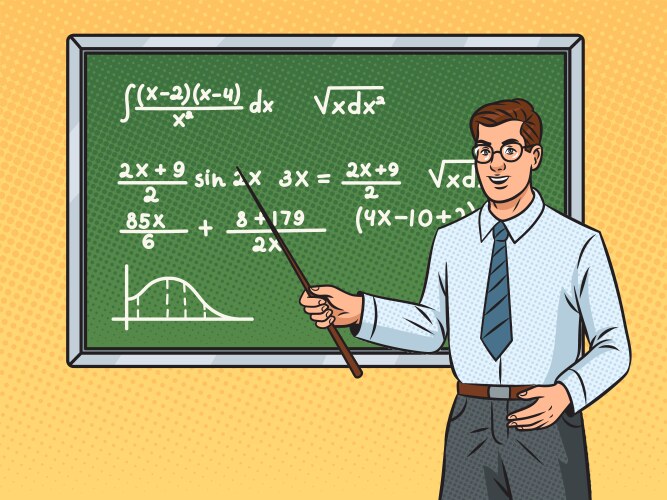 Young math teacher standing next to blackboard Vector Image