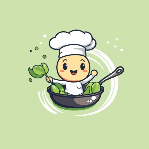 Cute boy chef cooking in a pan on fire Royalty Free Vector