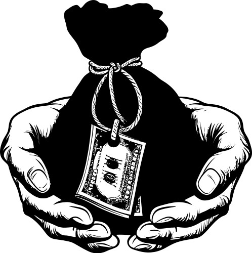 Cash clutch hand holding money bag logo Royalty Free Vector