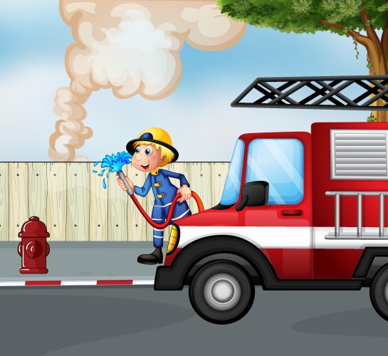 Fireman extinguish fire on house Royalty Free Vector Image