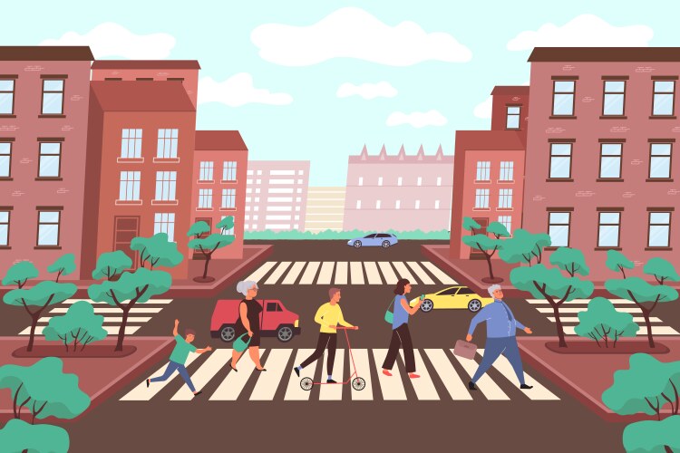 Cartoon city crossroad with traffic lights Vector Image