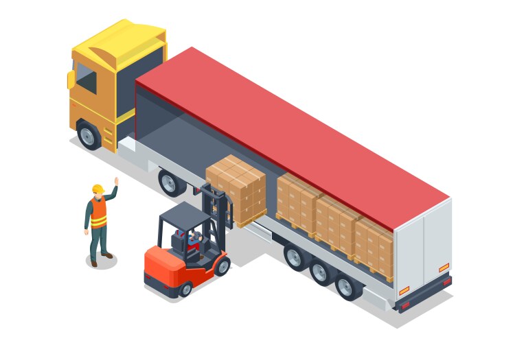 Isometric forklift tractor loading package boxes Vector Image