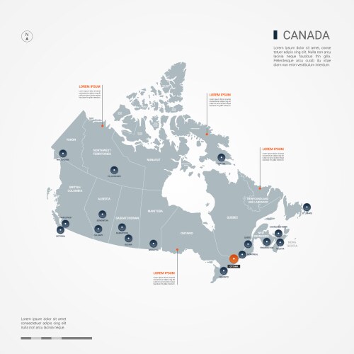 Canada map with provinces and cities Royalty Free Vector
