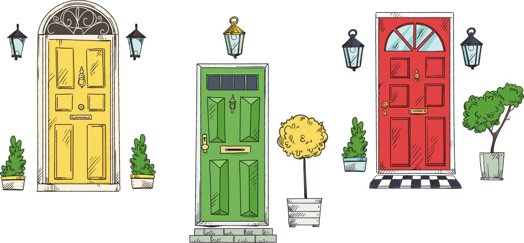 House doors cartoon front entrance exterior wall Vector Image