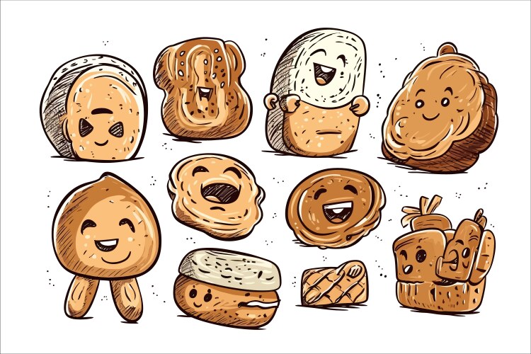 Cute bread cartoon characters Royalty Free Vector Image