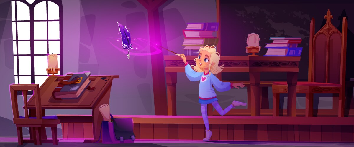 Magic school classroom interior with wooden desks Vector Image