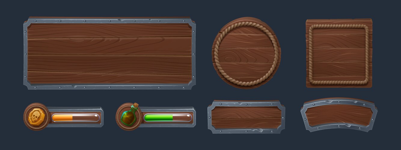 Set red wood assets interface and buttons for ui Vector Image