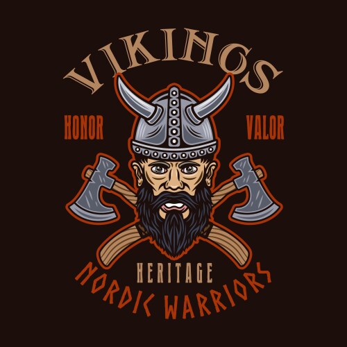Viking head and crossed axes emblem label Vector Image