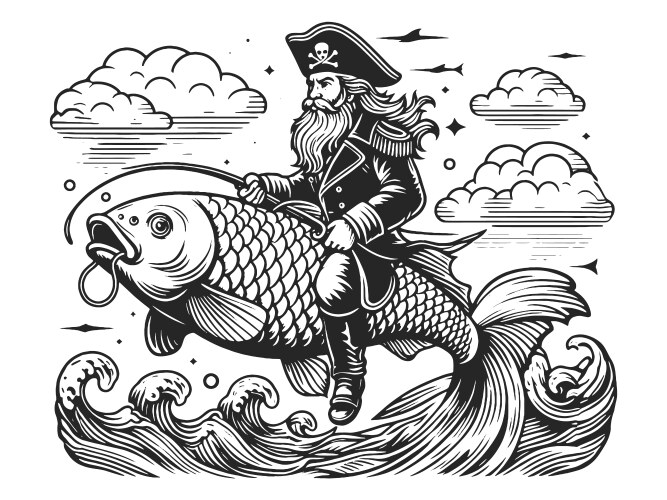 Pirate captain riding fish sketch Royalty Free Vector Image