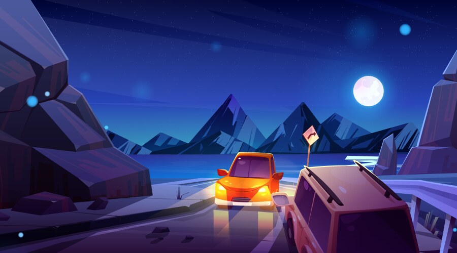 Mountain road with night seaview empty highway Vector Image