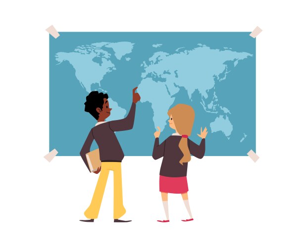 School boy holds world map geography class poster Vector Image