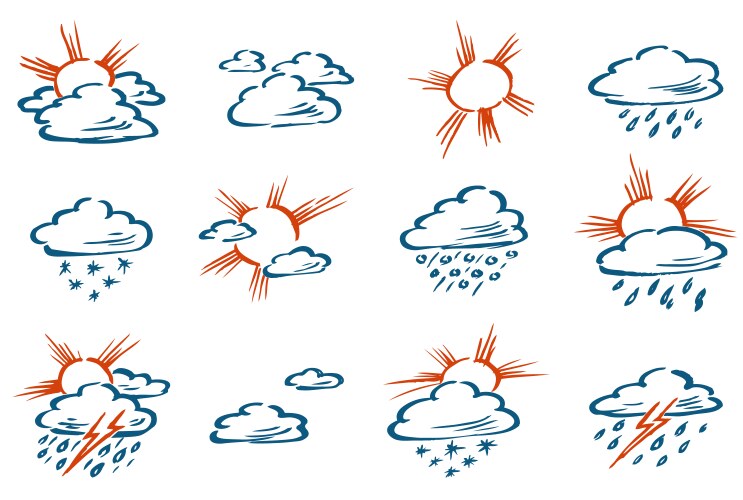 Weather symbols sun clouds precipitation climate Vector Image