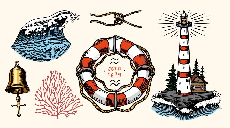 Nautical adventure set sea lighthouse marine Vector Image