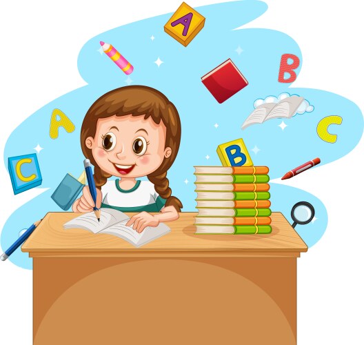 Girl in blue dress doing different actions Vector Image