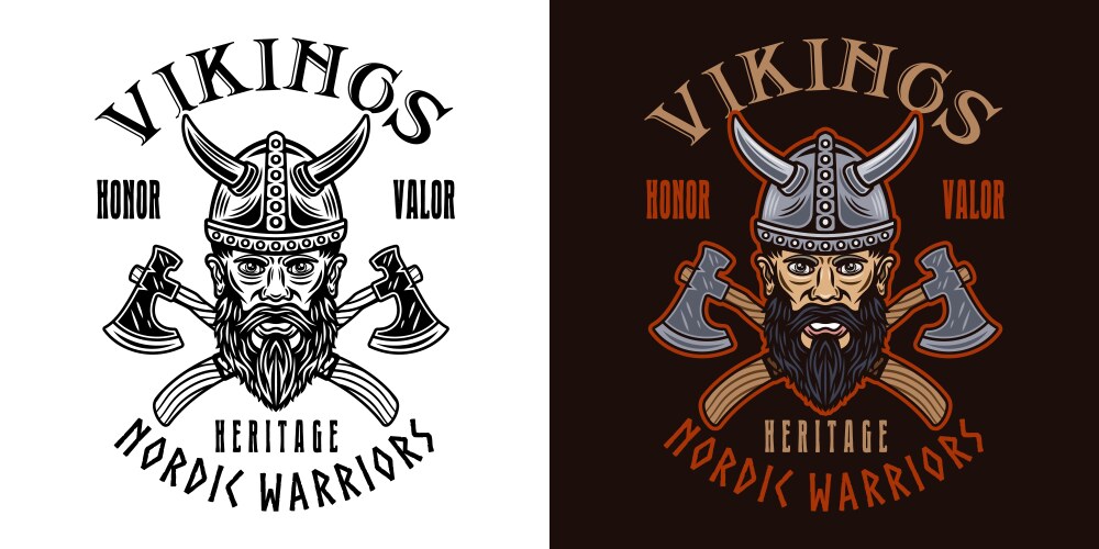 Viking head and crossed axes emblem label Vector Image