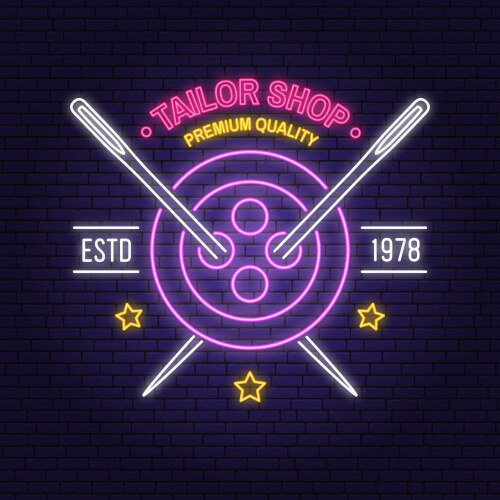 Tailor shop neon design or emblem night Royalty Free Vector