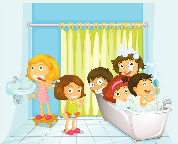 Kids brushing teeth in bathroom Royalty Free Vector Image