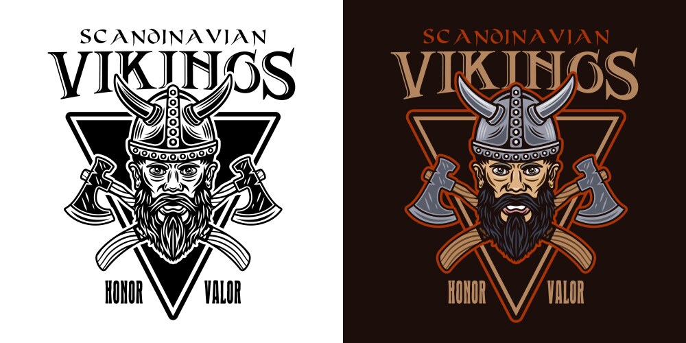 Viking head and crossed axes emblem label Vector Image