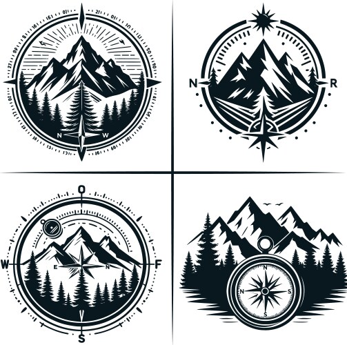 Compass with mountain scene silhouette file Vector Image