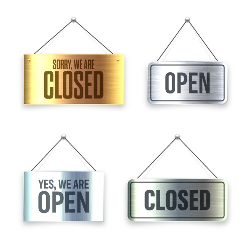 Brushed metal open and closed hanging signboards Vector Image